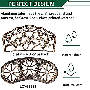Payhere Garden Benches for Outdoor, 39.7 in Antique Designed Metal Rose Carving Front Porch Bench, Cast Iron Cast Bronze Frame Antique Finish, Durable Patio Park Decor Leisure Bench for 2 Person Seat