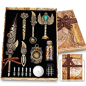 Quill Pen Ink Set,Feather Calligraphy Pen and Ink Set,with Seal Stamp,Wax Seal Stamp Kit, Calligraphy Copybook,Beginner Calligraphy Pen Quill Pen,Gift Selection Calligraphy Pen Set