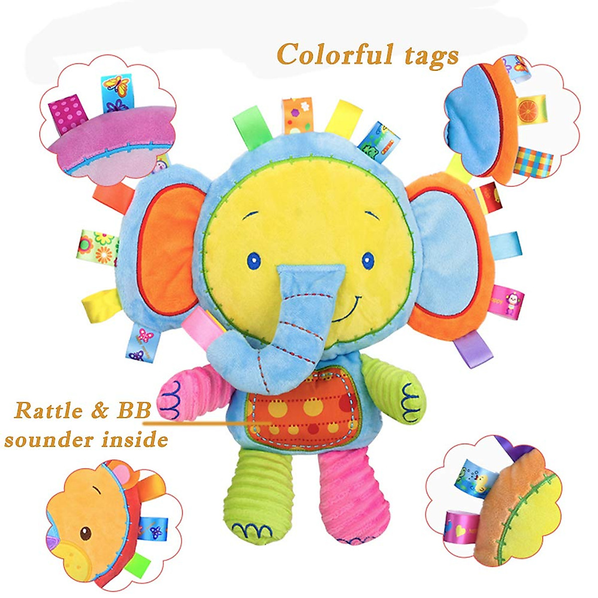 StoHua Baby Tags Toy, Taggie Security Blanket Elephant Stuffed Toy, Baby Plush Sensory Tag Toy with Ribbons & Rattle,Baby Gifts for Newborns,Infant