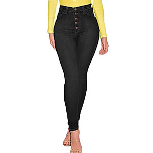 Womens High Rise Button Jeans Curvy Butt Stretch Soft Denim Skinny Pants Juniors Button Fly Super High Waist Skinnys (Black,X-Large)