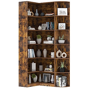 Loomie Bookshelves, 6 Tiers Shelf Large Tall Corner Etagere Bookcase with Full Baffle, L-Shaped Modern Storage Display Industrial Book Shelf for Bedroom, Home Office, Living Room & Kitchen, Rustic