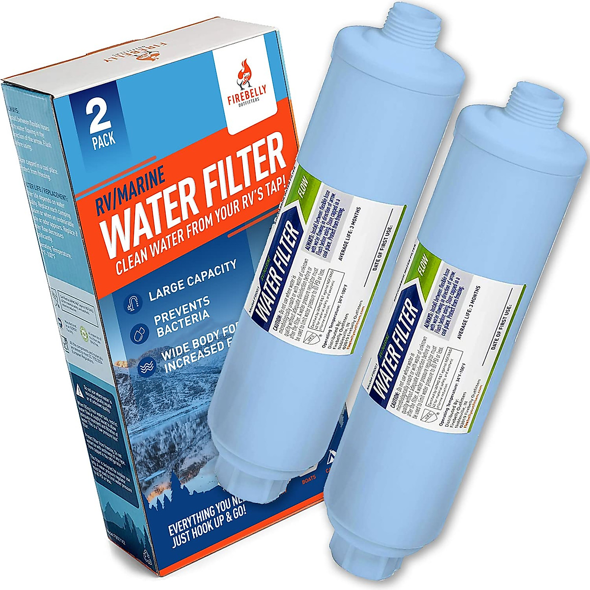 Firebelly Outfitters RV/Marine Inline Carbon Water Filter Replacement Kit (2 Pack) KDF Filtration System Protects Against Bad Taste, Odor, Iron, Lead, Mercury, Chlorine, Sediment, Mold, Fungus & More