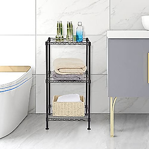 Storage Rack 3 Tier Black Wire Shelving Tower Tool Adjustable Utility Shelves Heavy Duty Standing Shelf Units for Laundry Bathroom Kitchen Pantry Closet