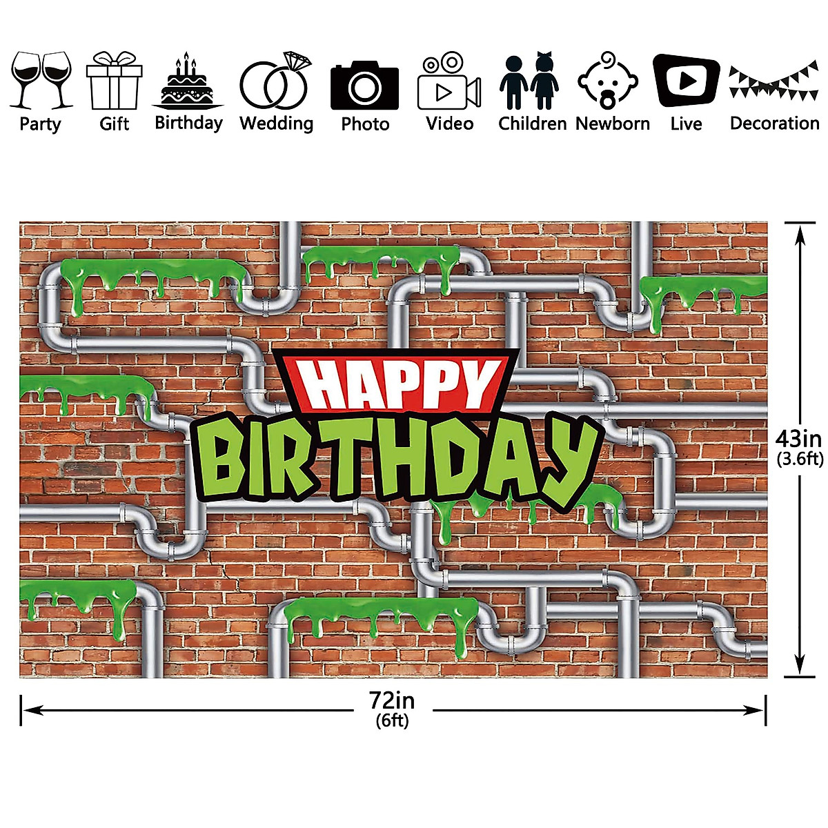 Yriujul 72x43inch Anime Kids Birthday Backdrop Cartoon Ninja Tortoise Party Banner Water Pipe Red Brick Wall Photography Background Photo Props