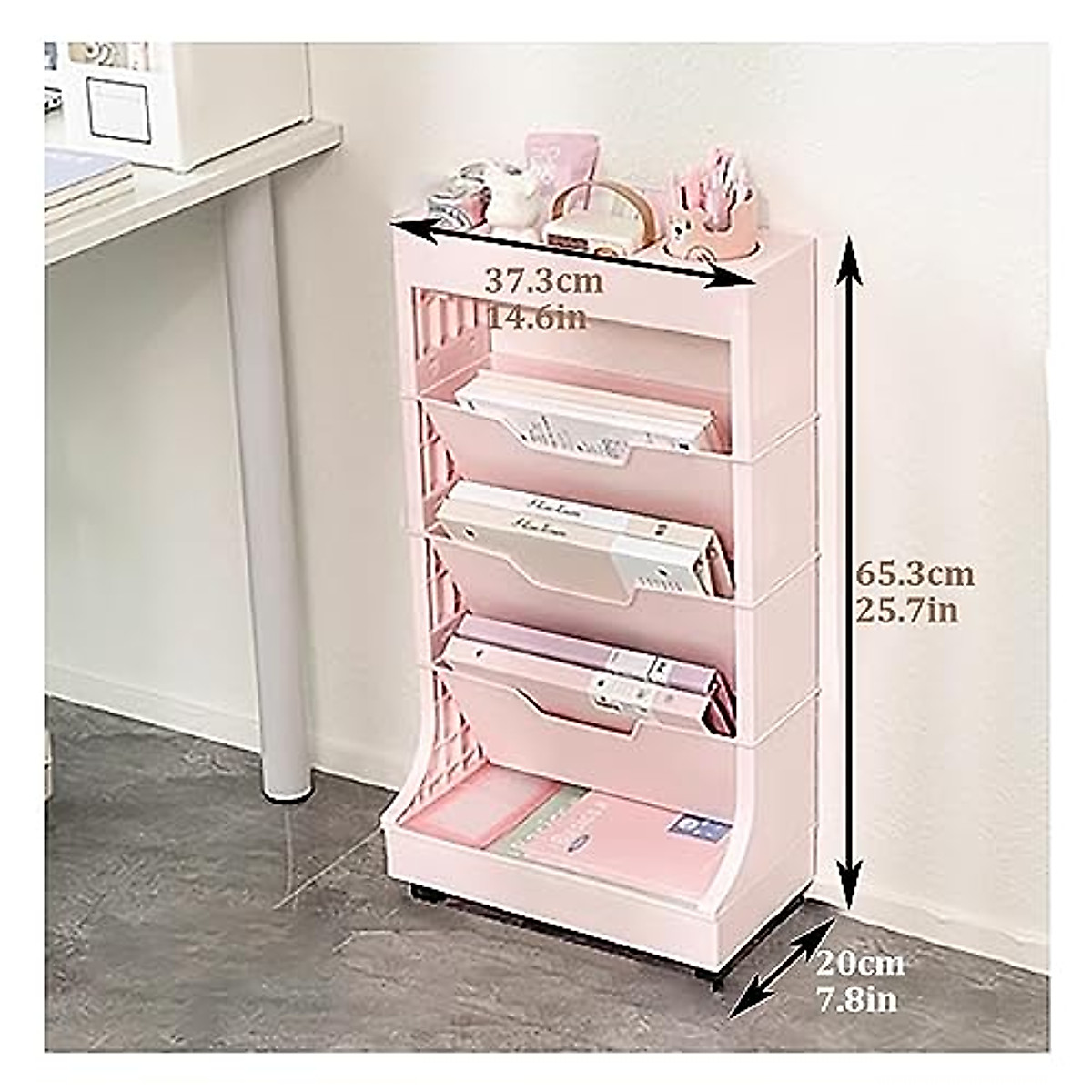 Rolling Book Shelf Organizer Mobile Book Shelf Cart 6 Tier Movable Bookshelf Cart Desk Side Cart for Office Dorm Classroom,Pink,5 Tier