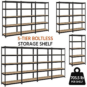 Topeakmart 2PCS 5-Tier Utility Shelves, Metal Storage Shelves Garage Shelving Unit Adjustable Garage Storage Shelves Storage Racks Heavy Duty Shed Shelving- Black, 35.5 x 17.5 x 72 Inch
