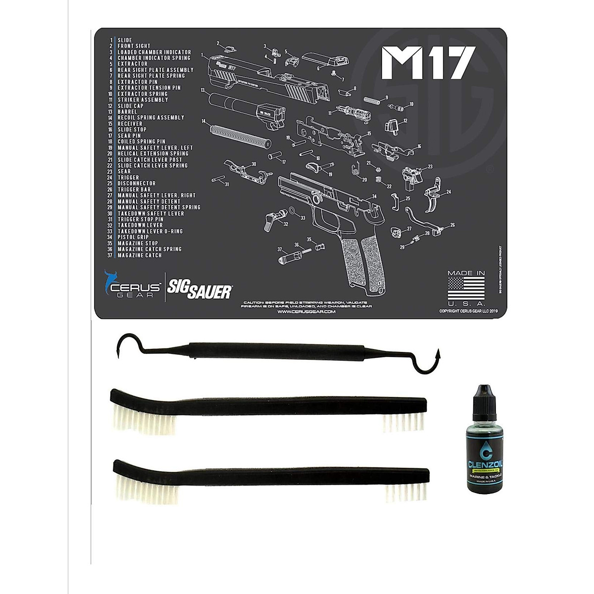 SIG M17 5 PC EDOG Cerus Gear Schematic (Exploded View) Heavy Duty Pistol Cleaning 12x17 Padded Gun-Work Surface Protector Mat Solvent & Oil Resistant & 3 PC Cleaning Essentials & Clenzoil