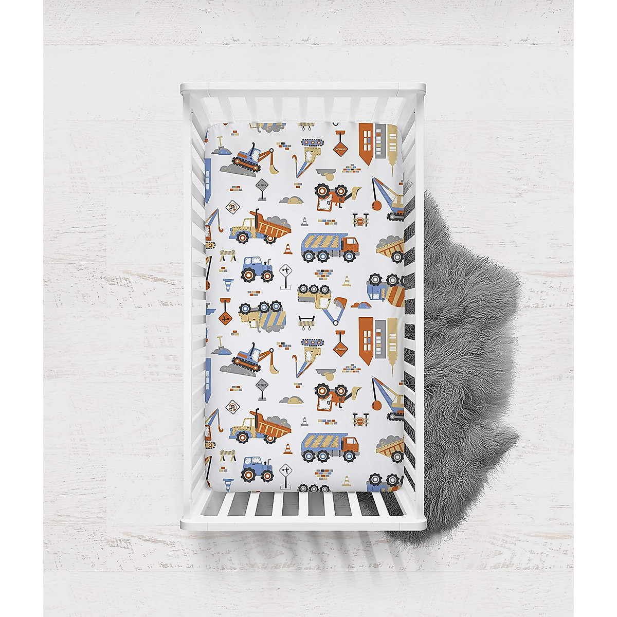 Crib Fitted Sheet - Construction Multicolor - Silky Soft Breathable 100% Cotton Percale Baby Sheets - Fits Standard 28 x 52 X 5 inches Crib & Toddler Mattresses