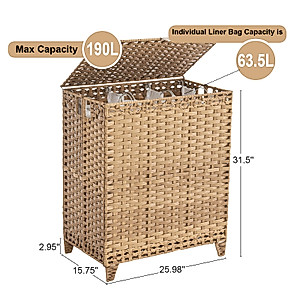 Laundry Hamper with Lid, 190L Large Laundry Basket 3 Section with 6 Removable Liner Bags & 3 Mesh Laundry Bags, Handwoven Rattan Clothes Hamper with Heightened Feet, No Install Needed, Natural