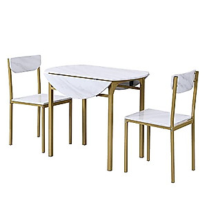 P PURLOVE 3 Piece Round Kitchen Table Set Wood Dining Table Set with Drop Leaf Table and 2 Chairs for Small Places, Apartment(Golden Frame+Faux White Granite Finish)