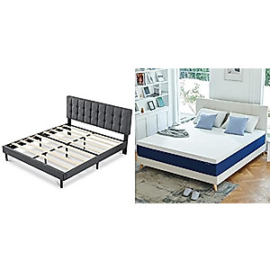 Molblly 10 Inch Full Memory Foam Mattress (Blue) 42 Inch Platform Bed Frame (Grey), Full