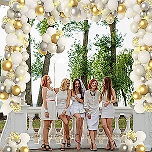 White Balloon Garland Kit with String Lights White Backdrop Curtain, Silver White and Gold Confetti Pearlescent Latex Balloons for Baby Shower Wedding Birthday Party Decorations
