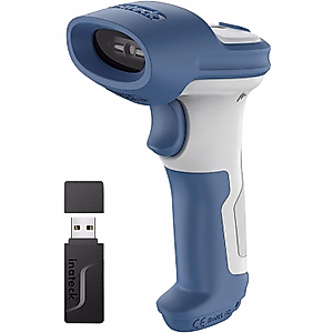 Inateck Bluetooth Barcode Scanner, 2D Wireless Barcode Scanner, Bluetooth 5.0 and 2.4Ghz Adapter, 3 in 1 Reader, Support GS1 Barcode, BCST-73 Blue White