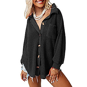 Dokotoo Womens V Neck Waffle Knit Tunic Blouse, Long Sleeve, Button Up, Loose Fit, Solid Color - Medium, Black (Spring Fashion 2023)