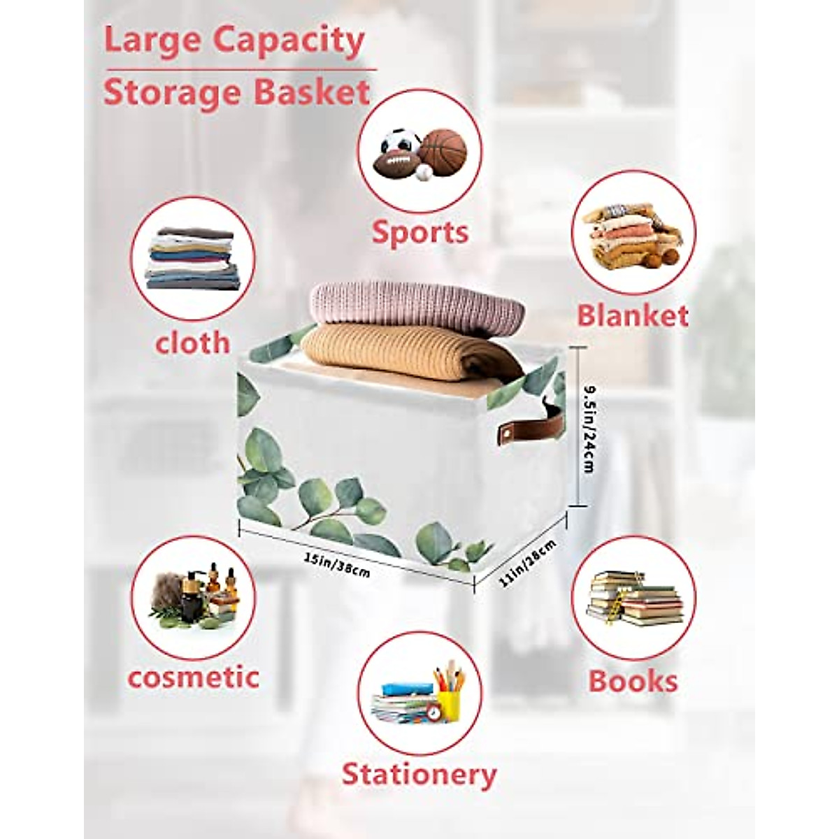 Storage Bins Fabric Storage Cubes 15x11x9.5 Inch Natural Green Leaves Eucalyptus Leaf Foldable Storage Basket for Organizing Closet Shelf Nursery Toy 1 PCS