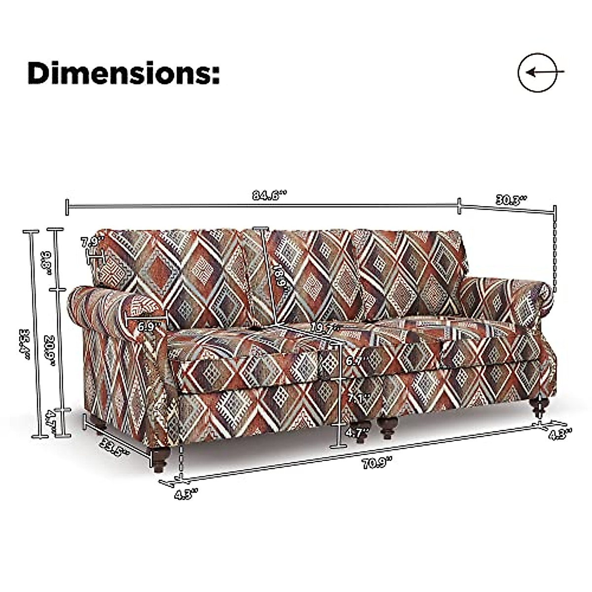 HONBAY Upholstered Sofa 3 Seater Couch with Rolled Arms, Traditional Sofa Couch with Nailhead Trim Sofa for Living Room