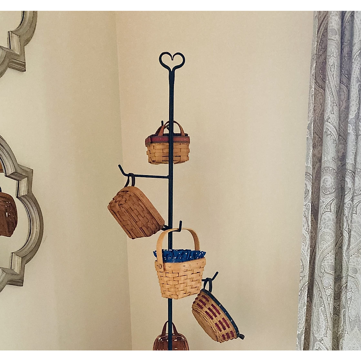 Boxwood and Mum Hanging Storage Basket Stand, Holder, Storage Rack Display Tree, Cloth or Hat Organizer Hanging Storage Farmhouse Style Rustic Home Decor (Rustic Heart)