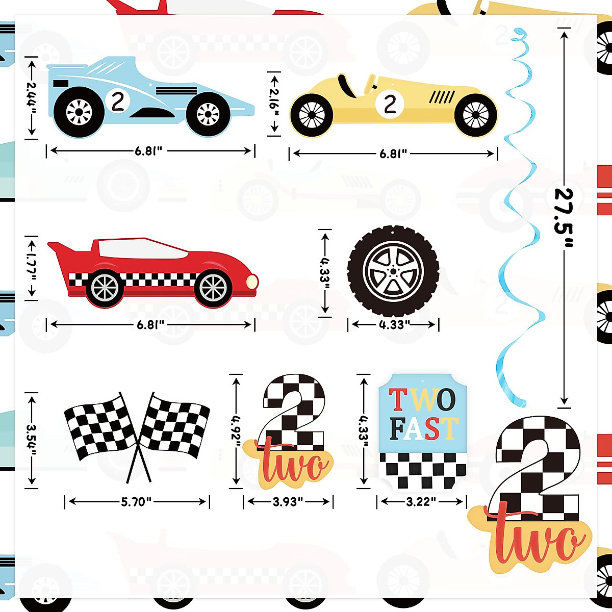 K KUMEED Race Car Two Fast Party Hanging Swirls Checkered Flags Racing Birthday Party Foil Ceiling Decorations for Kids Boys Men Racing Theme 2nd Birthday Party