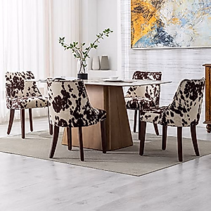 DM Furniture Mid Century Modern Dining Chairs Set of 4 Upholstered Velvet Accent Chairs Wooden Side Chair for Living Room/Dining Room/Bedroom, Cowhide Print