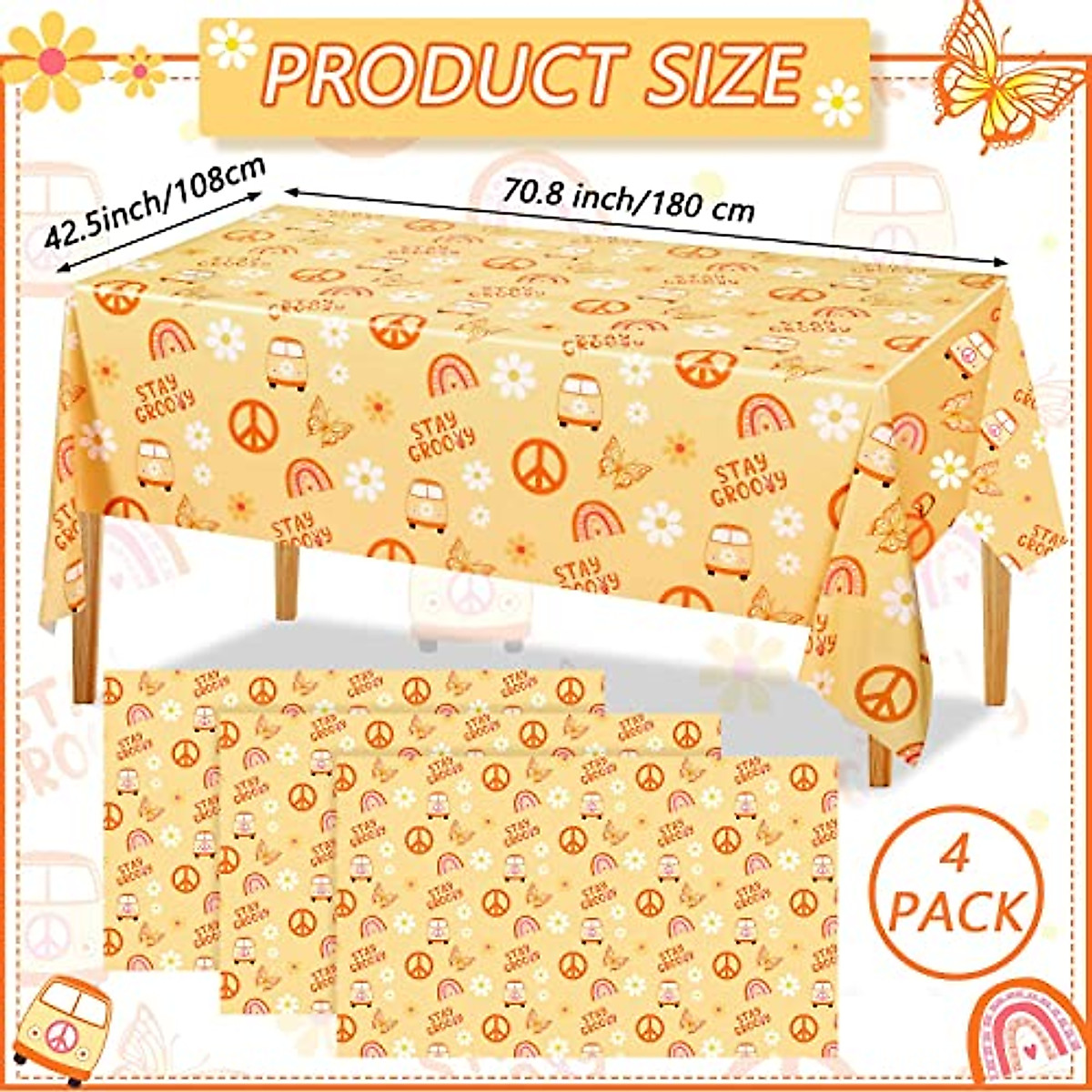 4 Pcs Stay Groovy Tablecloth Retro Hippie Boho Party Table Covers Daisy Flower Bohemian Rainbow Tablecloths Disposable Waterproof Table Cover 60s Theme Birthday Party Decor Supplies (42.5 x 70.8 Inch)