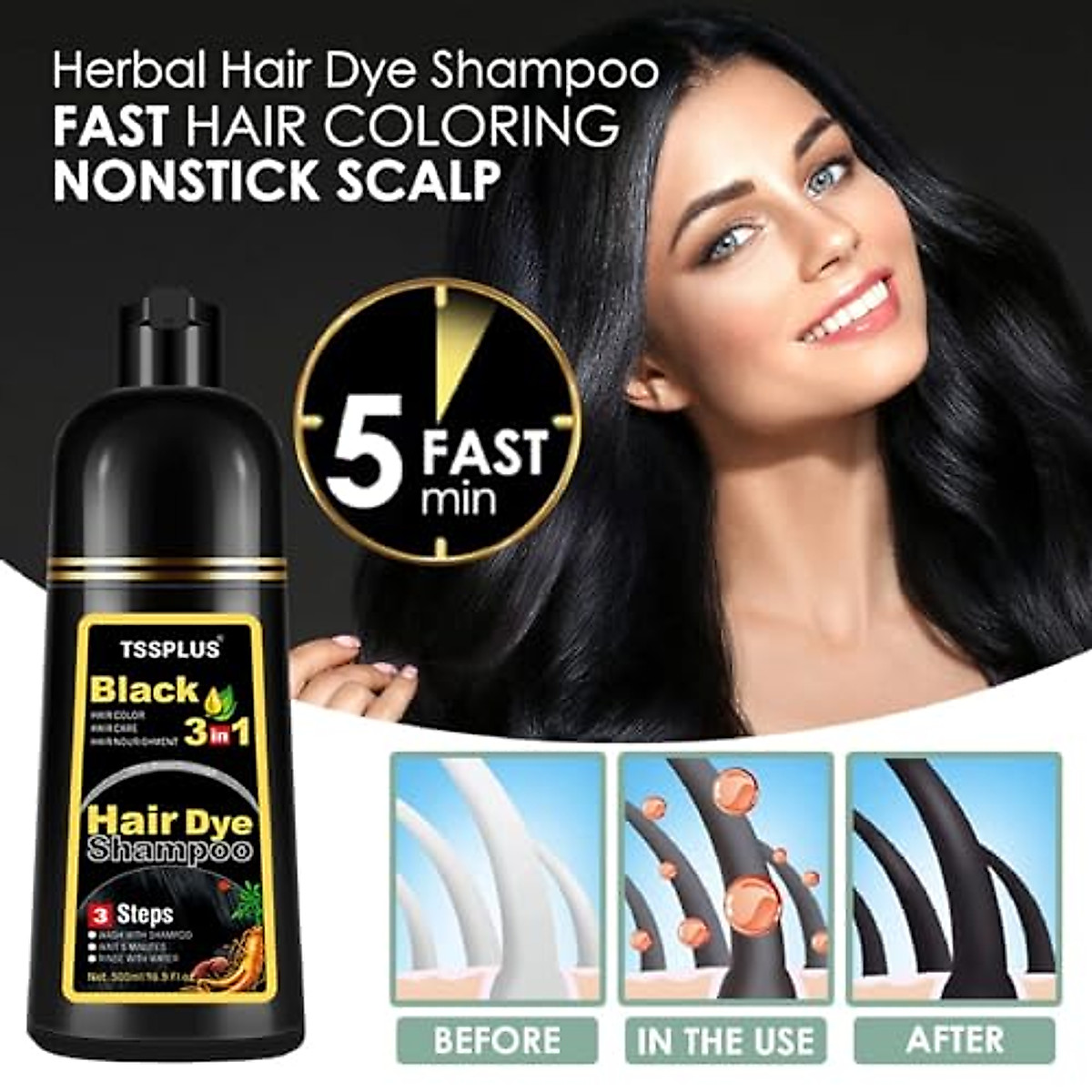 TSSPLUS Black Hair Dye Shampoo, 500ml - Organic Natural Hair Color Dye Shampoo for Women & Men, Instant Gray White Hair Cover, Plant Essence, Semi-Permanent