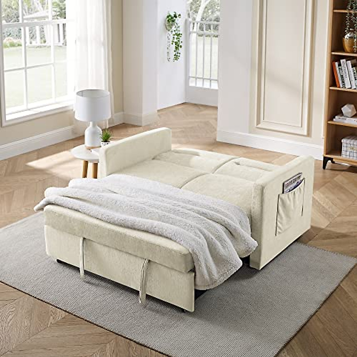 Linen Upholstered Loveseat Sleeper Sofa w/Side Storage Pockets, 54.5" 2-Seaters Sofá with Pull-Out Couch Bed with 2 Pillows & Adjustable Backrest for Living Room Apartment Office Small Space, Beige