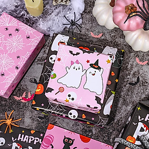 Whaline 12 Sheets Pink Halloween Wrapping Paper - Not Roll - Pink Black Ghost Gift Wrap Paper Pumpkin Cat Folded Flat Cute DIY Art Craft Paper for Halloween Party Decor Supplies, 19.7 x 27.6 Inch
