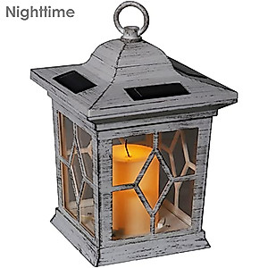 Sunnydaze Lucien Outdoor Solar LED Decorative Candle Lantern - Rustic Farmhouse Decor for Patio, Porch, Deck and Garden - Tabletop and Hanging Outside Light - Set of 2 - White - 9-Inch