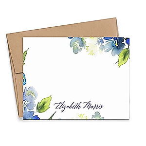 Personalized Floral Stationary with Envelopes, FLAT OR FOLDED, Watercolor Floral Stationery Set for Women, Blue and Green Personalized Floral Notecards with Envelopes, Choice of Colors and Quantity