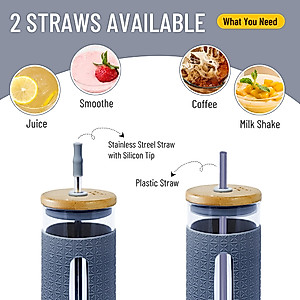 ZKA Global 24 Oz Reusable Boba Cup with Bamboo Lid | 2 Straw With Silicon Tip and Cleaning Brush | Smoothie cup glass tumbler with straw and lid bamboo | Glass Boba Cup with Sleeve