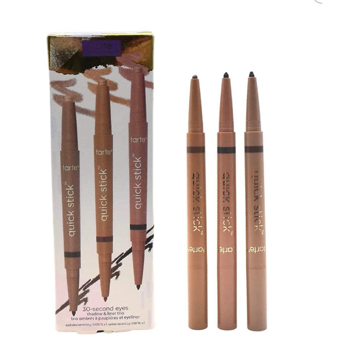 Tarte 30 second Eyes Shadow & Liner Trio:: Quickstick Waterproof Shadow & Liner in Mauve Luster and Black, Rose Luster and Warm Brown, Champagne Luster and Burgundy