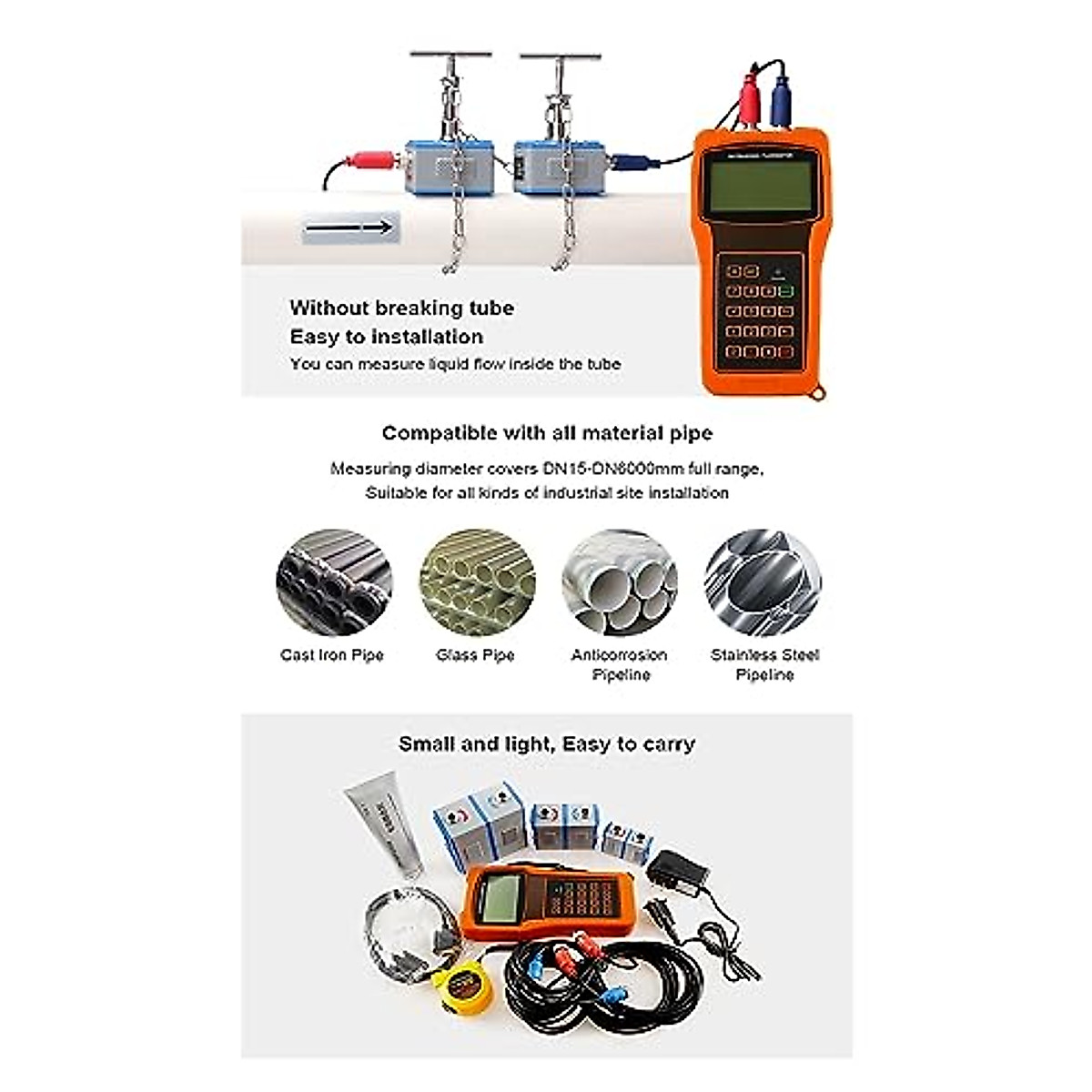 Flow Control Meter Food Grade Portable Digital Ultrasonic Liquid Flow Meter,Handheld Ultrasonic Flow Meter Tap Water Heat Meter Used in Petroleum,Food, Etc.