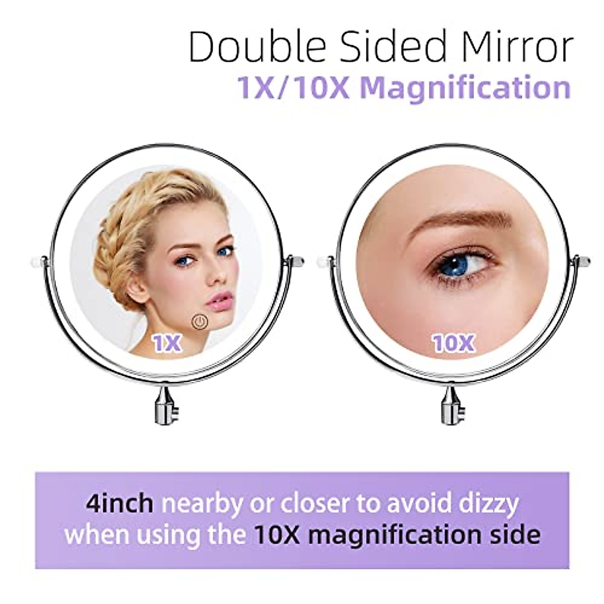 Wall Mounted Lighted Makeup Mirror, 1X 10X Magnifying Mirror with Light 3 Color Dimmable, 8'' Double Sided LED Light up Bathroom Vanity Mirror with Magnification, 360° Extendable Arm Shaving Mirror
