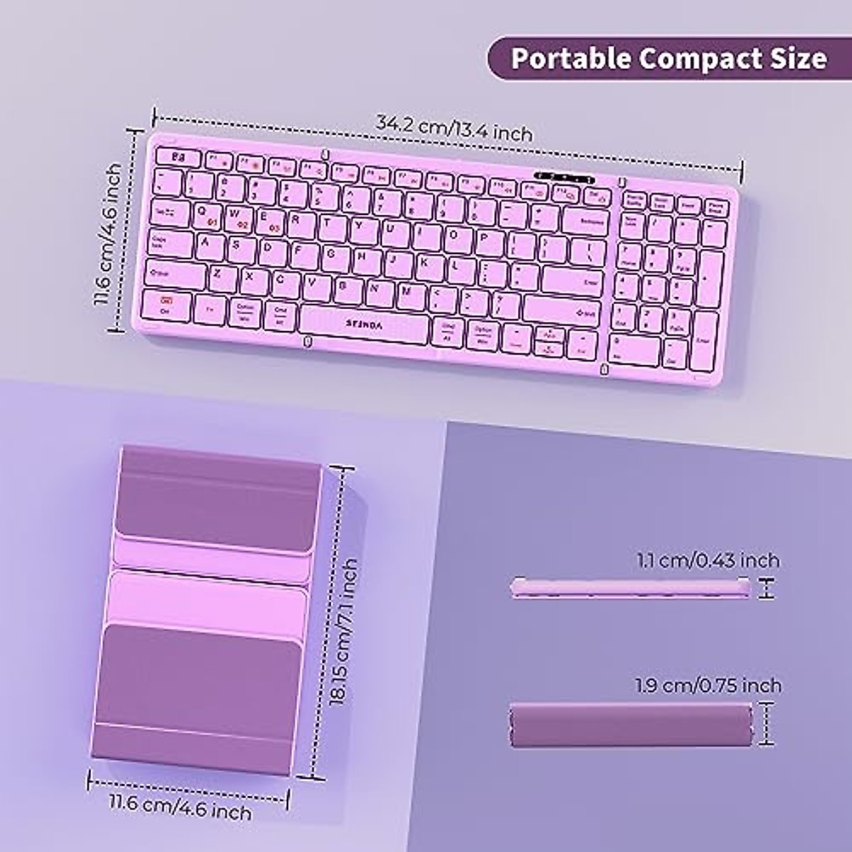 seenda Foldable Bluetooth Keyboard for Travel, Portable Wireless Folding Keyboard with Number Pad, Full-Size Rechargeable Keyboard for Laptop Tablet PC Mac Windows iOS Android - Purple Pink