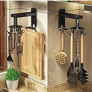 Pamazar Under Cabinet Kitchen Utensil Banana Hooks Holder 360° Rotating Wall Drilling Free Adhesive Hanging Rack for Tools/Towel/Knife Aluminum Black