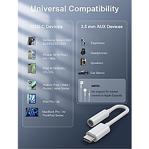 USB-C to 3.5mm Audio Headphone Adapter - HiFi 2 Pack Compatible with Apple iPhone 16 15 Samsung Galaxy S24 S23 S22 S21 Plus Pro Max Ultra Pixel iPad - Type C to Jack Dongle Adapter