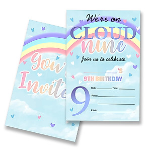 EUDOSI Rainbow Cloud 9th Birthday Party Invitations Supplies Fill-In Set of 20 with Envelopes Watercolor Cloud 9th Birthday Bash Invites Cards, Double Sided