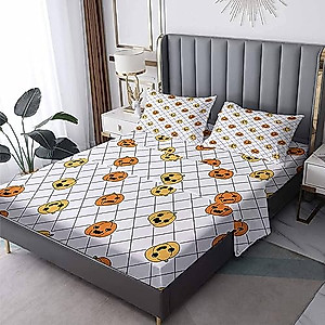 Halloween Sheets Full Size, Pumpkin Geometric Bed Sheets, Patterned Bedding Sheets & Pillowcases 4 Piece Set - Soft Microfiber Deep Pocket Fitted Sheet & Flat Sheet & 2 Pillow Cases M5-&-97