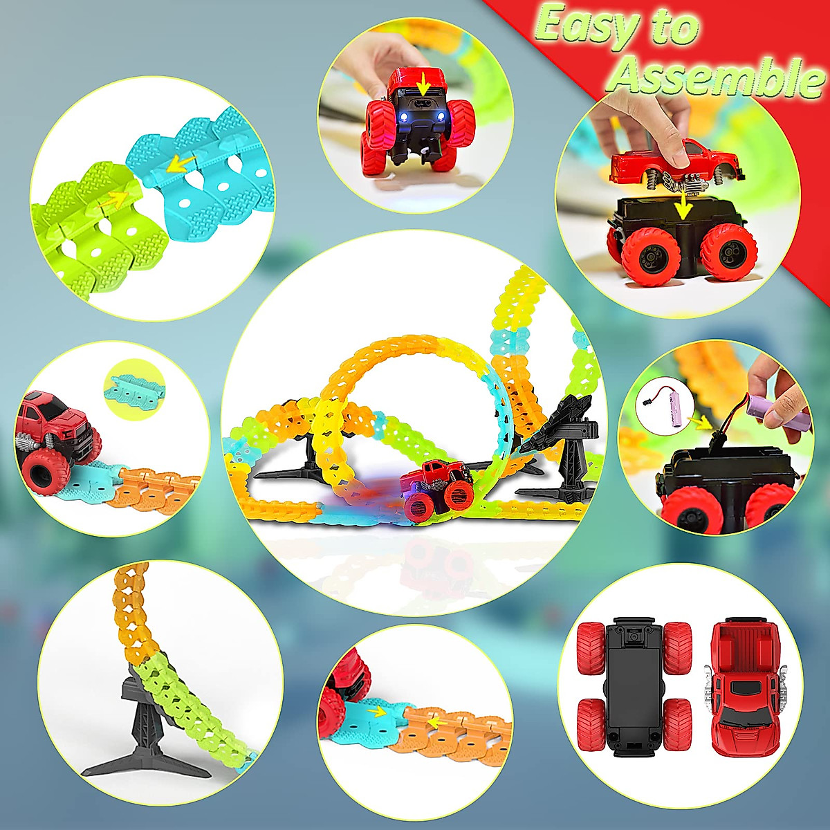 Race Car Track Toy for Kids, 200pcs Flexible Tracks of Glow in The Dark with 1 LED Light-Up Race Car for 3 4 5 6 7 Years Old Boys Girls Toddler, 19Ft Train Track Set Can be Build in Various Ways