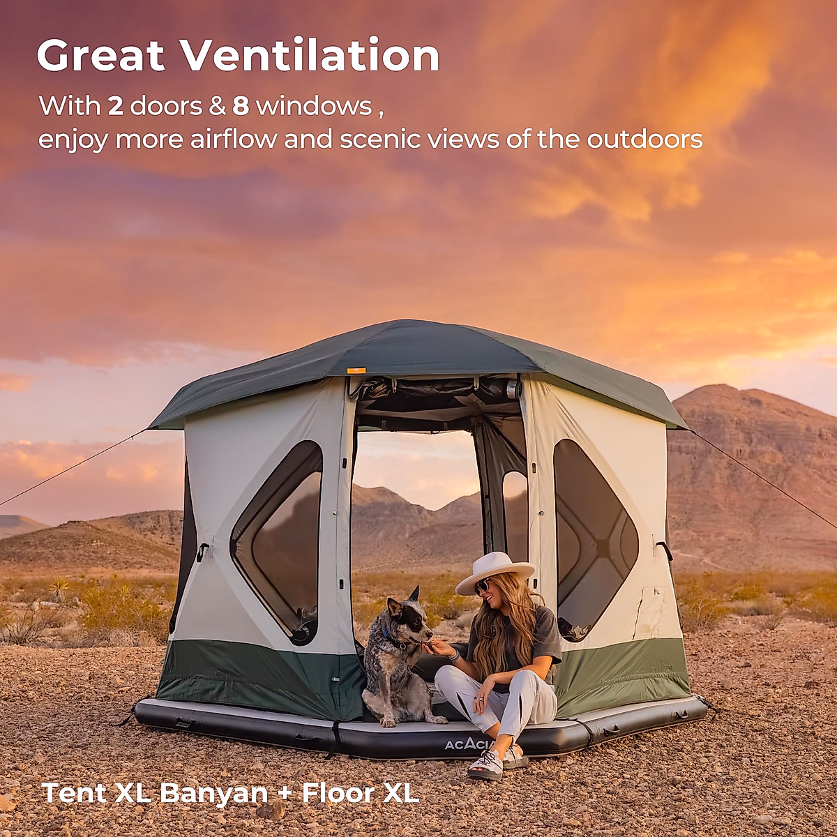 ACACIA Space Camping Tent XL, 4-6 Person Large Family Tent with 6'10'' Height, 2 Doors, 8 Windows, Waterproof Pop Up Easy Setup Hub Tent with Rainfly, Footprint for Car Camping, Glamping, Sunrise
