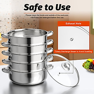 5-Tier Steamer Pot for Cooking 11.8in/30cm Steamer Pot,Stainless Steel Steam Pot Cookware with Glass Lid for Dumpling, Stock, Sauce, Food (Silver, 12 in)