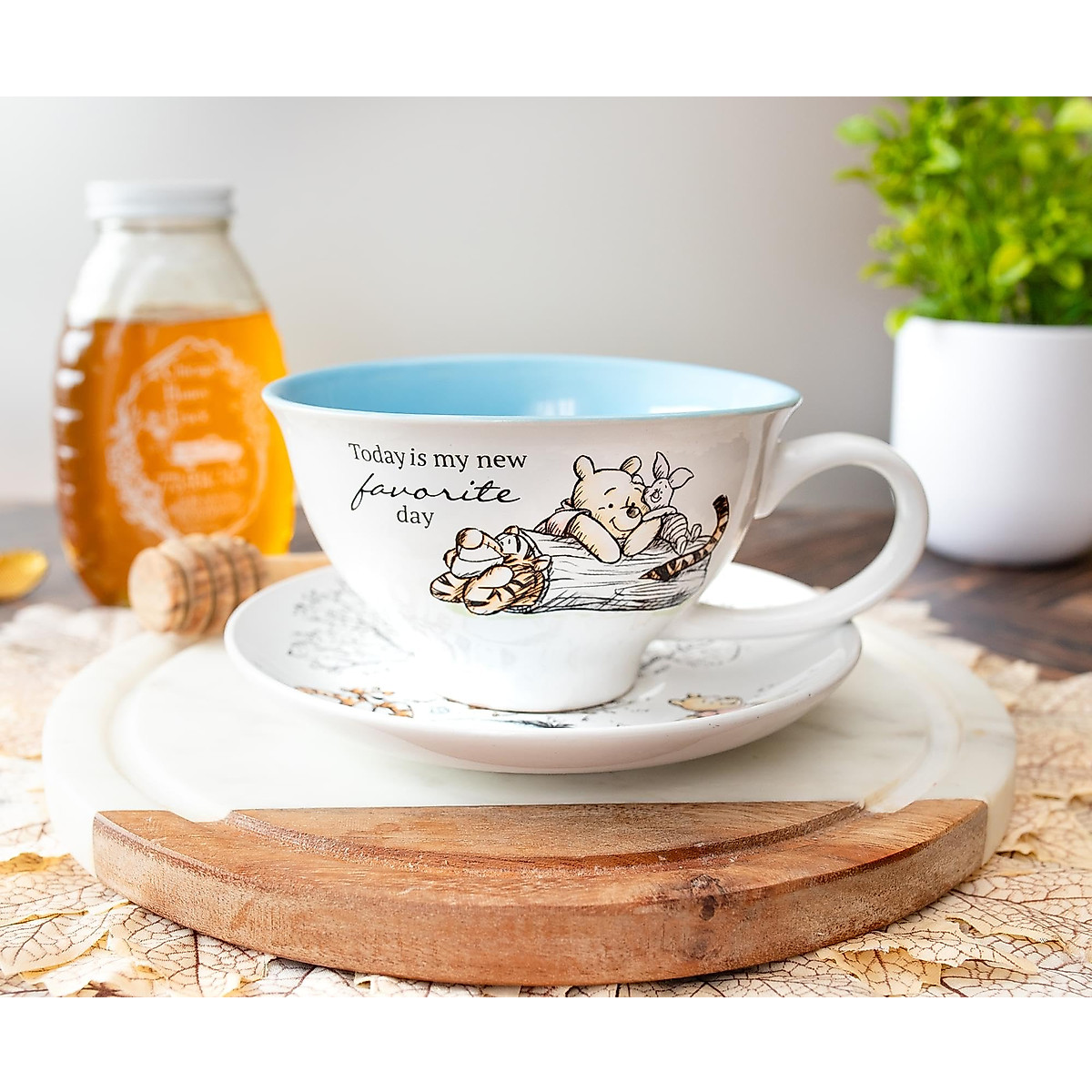 Silver Buffalo Disney Winnie the Pooh Walking Classic Scene Ceramic Teacup and Saucer, 12 Ounces