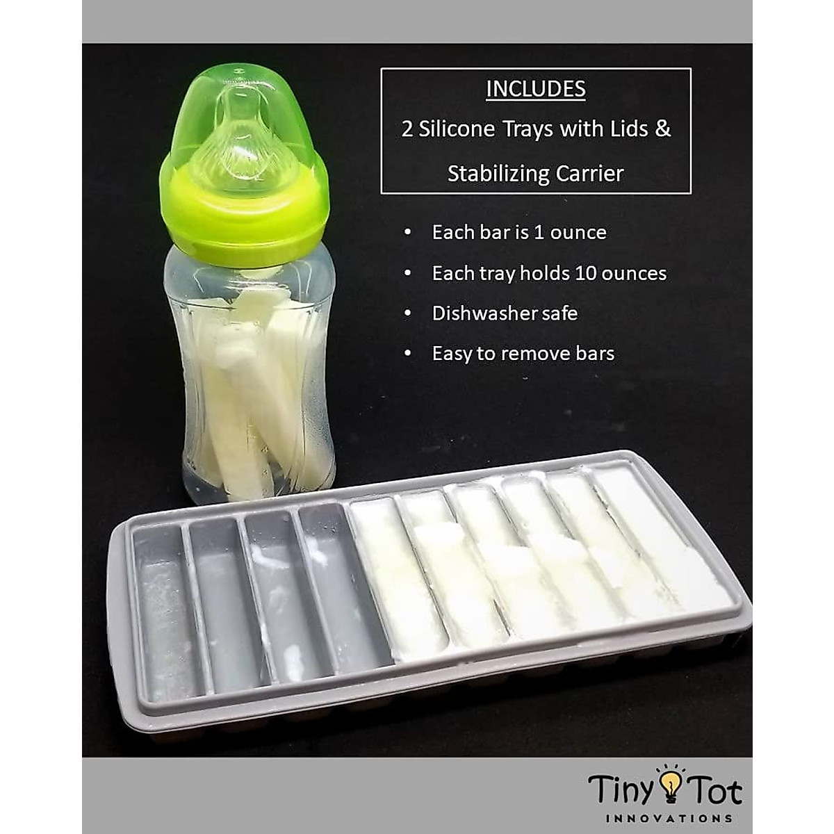 Breast Milk Freezer Storage Trays w/Carrier, 10-1oz Bars, 2 Silicone Containers w/Silicone Lids and Carrier, Food Grade Silicone