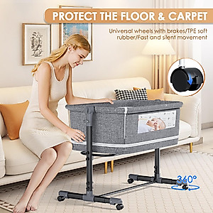 Ixdregan 3 in 1 Baby Bassinet - Baby Bedside Bassinet with Wheels and Mosquito Net, Included Storage Bag & Adjustable Height, Upgrade Thickened Cushion Baby Bedside Crib for Newborn Infant (Grey)