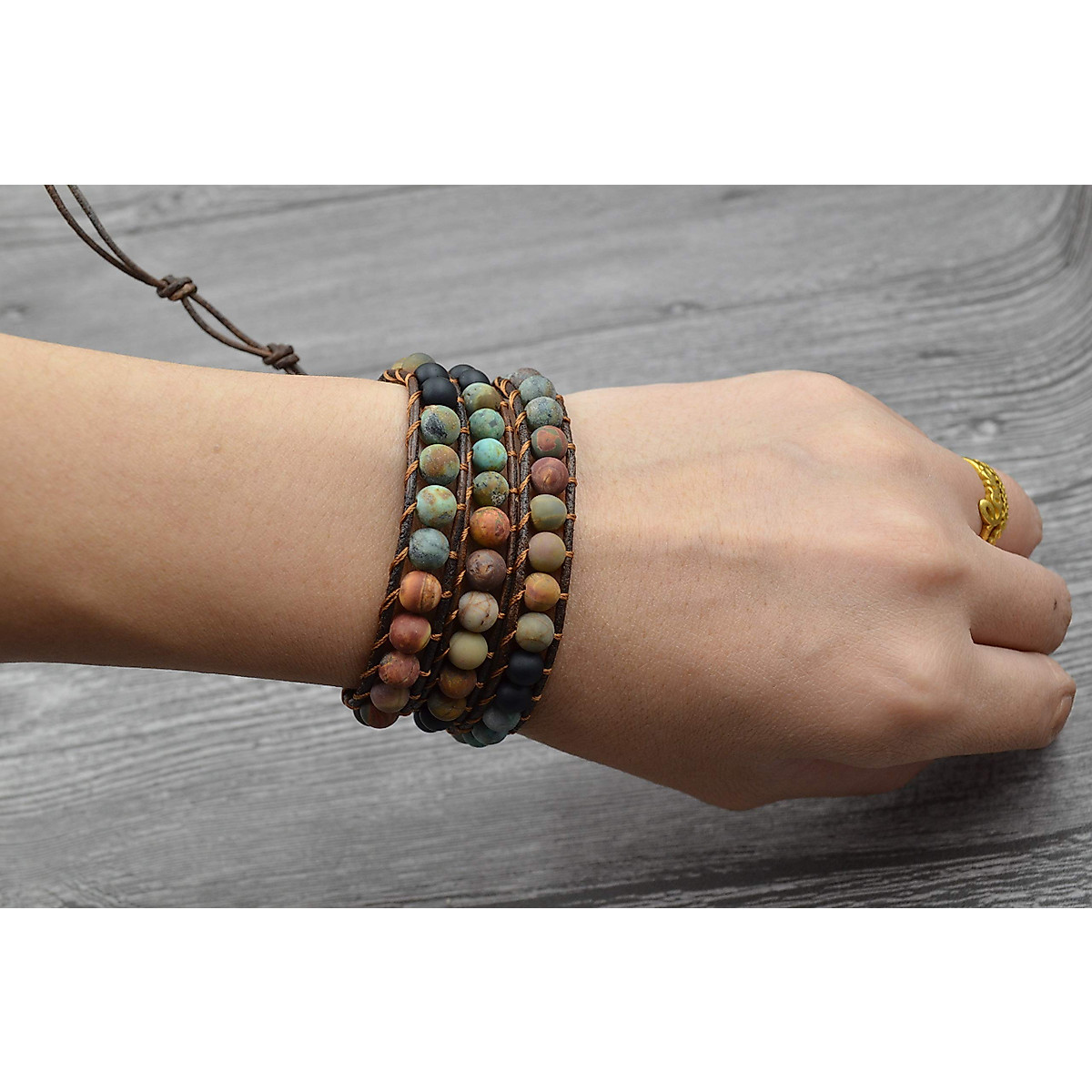 Izpack Fashion Love Heart Beaded Leather 3 Wrap Bracelets for Women Handmade Boho Natural Stone Ball Beads Wrist Bracelet Nice Gifts New Adjustable