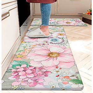 chiinvent Pink Floral Kitchen Rug Mats Set of 2 Boho Flower Anti Fatigue Kitchen Mats for Floor Non-Slip Cushioned Kitchen Floor Mat Comfort Standing Memory Foam Mat Waterproof PVC (17.3X 28+17.3X 47)
