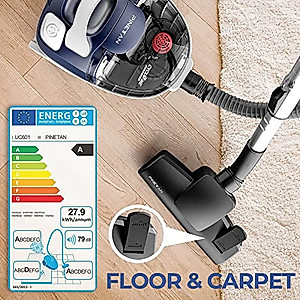 PINETAN Bagless Canister Vacuum Cleaner, with Double HEPA Filtration, Lightweight Design & Powerful Suction, Multi-Surface Cleaning Nozzle and Automatic Cord Rewind - Ocean Blue, UC601