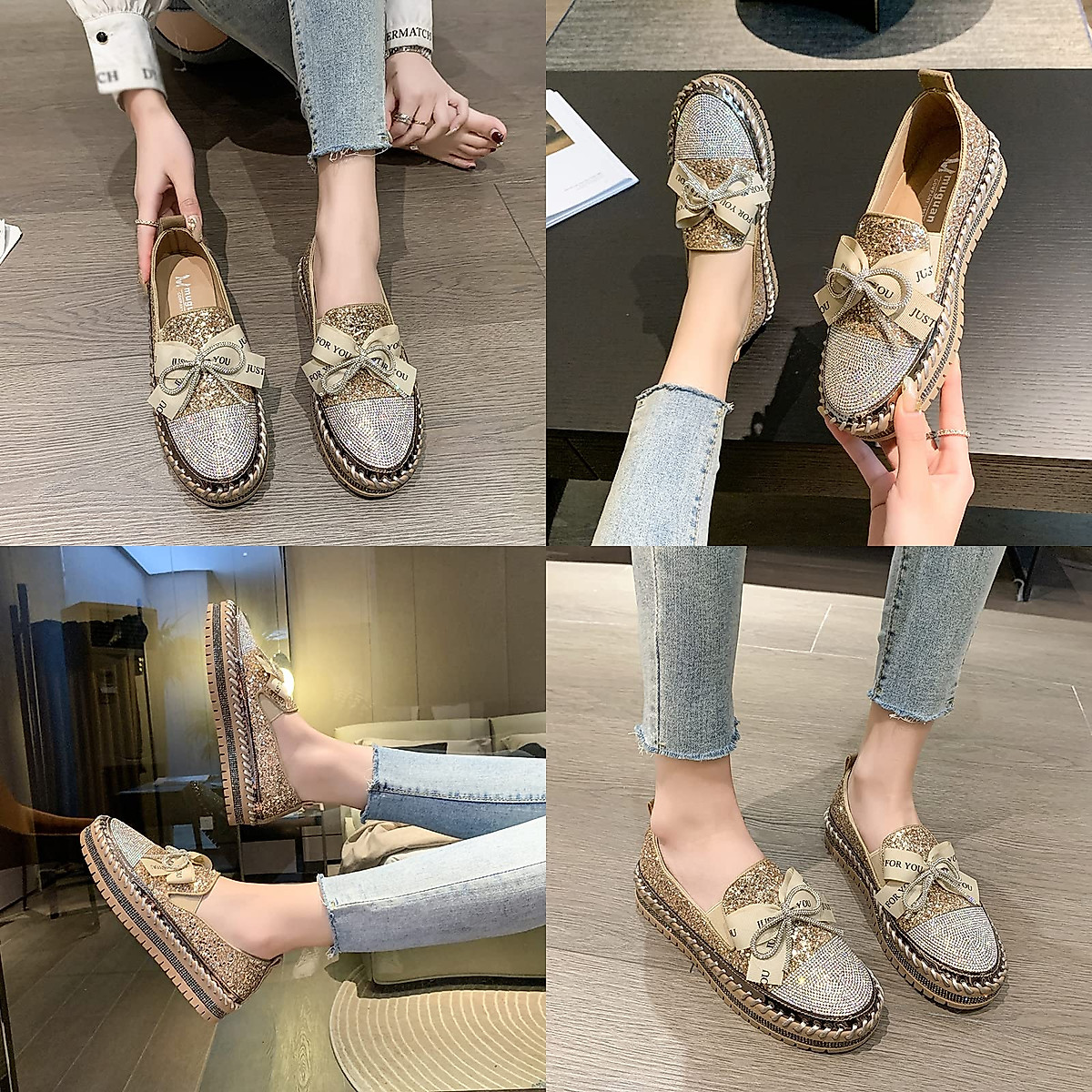 KCTRFSJ Women's Rhinestones Glitter Bow Platform Sneaker,Handmade Flat Casual Slip On Loafers,Comfort Low Top Walking Shoes (Pink,6,6)