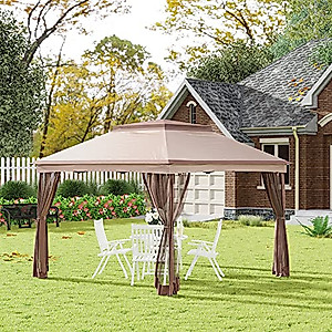 Outsunny 11' x 11' Pop Up Gazebo Outdoor Canopy Shelter with 2-Tier Soft Top, and Removable Zipper Netting, Event Tent with Large Shade, and Storage Bag for Patio, Backyard, Garden, Khaki
