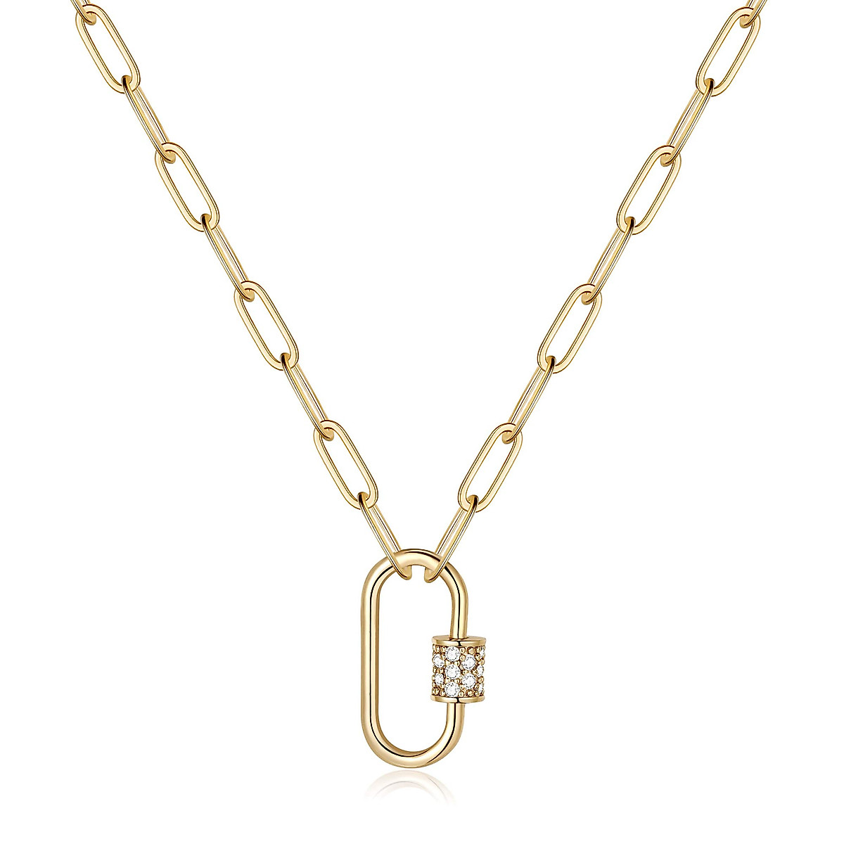 Turandoss 14K Gold Plated Shiny CZ Oval Screw Clasp Link Chain Simple Choker Paperclip Link Necklaces for Women